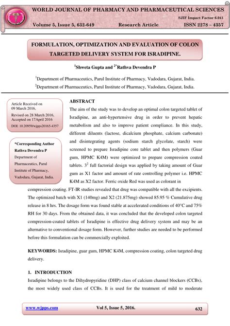 Pdf Formulation Optimization And Evaluation Of Colon Targeted Delivery System For Isradipine