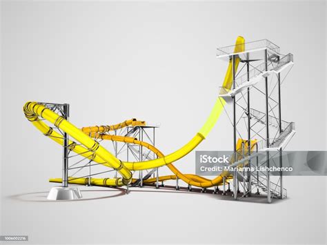 그림자와 회색 배경에 3d 렌더링을 위한 워터 파크 현대 옐로우 워터 롤러 코스터 타고 곡선에 대한 스톡 사진 및 기타 이미지 곡선 금속 나선형 Istock