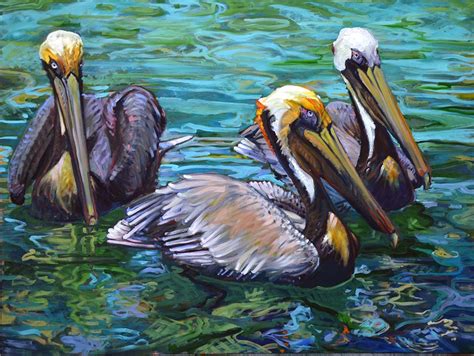 Leslie Shiels Oil Three Pelicans Pelican Art Birds Painting
