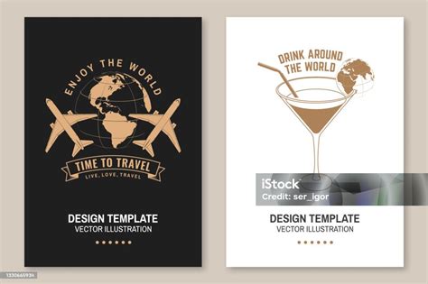 여행 배지 세트 여행 영감 따옴표와 지구 비행기와 여행 칵테일 실루엣 벡터 그림입니다 여행 전단지 브로셔 배너 포스터 타이포