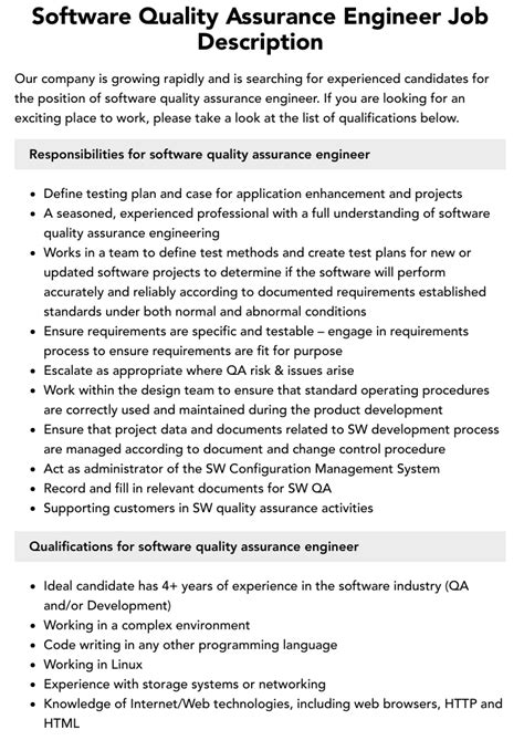 Software Quality Assurance Engineer Job Description Velvet Jobs