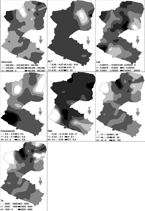 Spatial Distribution Of Coef Fi Cient In Model 18 A Intercept B Download Scientific