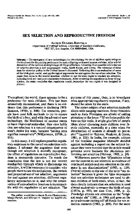 Pdf Sex Selection And Reproductive Freedom Alison Dundes Renteln