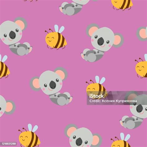 미소 코알라 아기와 노란색 꿀벌과 원활한 패턴 옅은 분홍색 배경입니다 플랫 만화 스타일입니다 귀엽고 재미있습니다 어린이 엽서 섬유 벽지 및 포장지용 여름과 봄 장식 가리기에