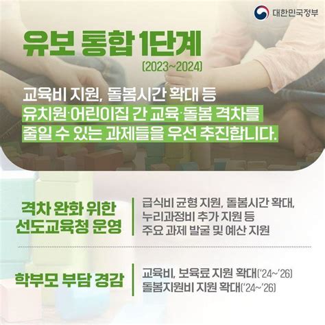 유보통합으로 양육 부담은 줄이고 교육·돌봄 기능은 강화합니다 카드한컷 멀티미디어 대한민국 정책브리핑