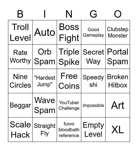 Geometry Dash Recent Tab Bingo Card
