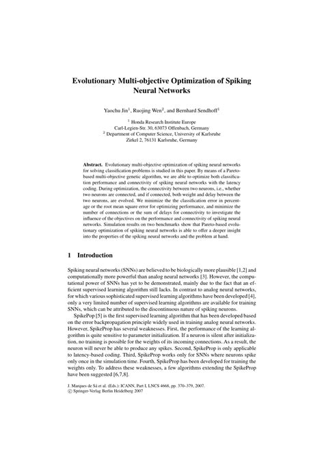 Pdf Evolutionary Multi Objective Optimization Of Spiking Neural Networks