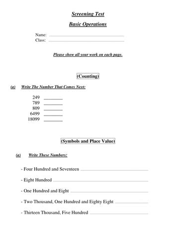 Screening Test For Basic Arithmetic Teaching Resources