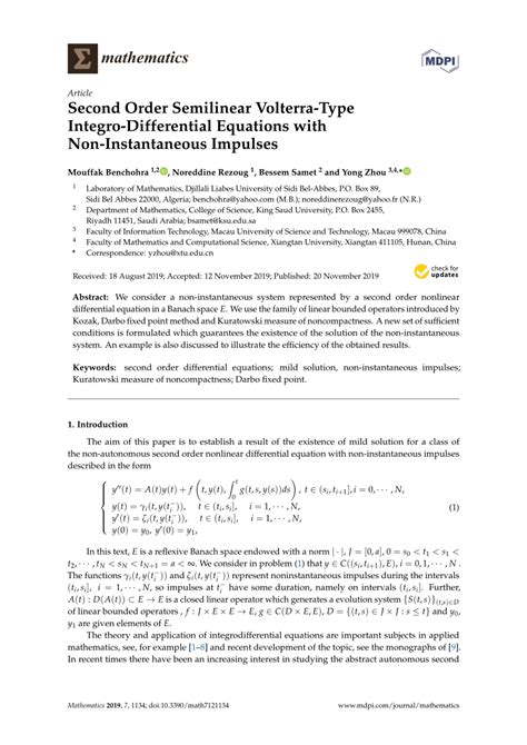 Pdf Second Order Semilinear Volterra Type Integro Differential