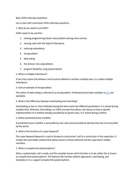 Basic Oops Interview Questions Pdf Inheritance Object Oriented Programming Class