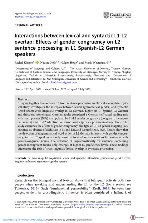 Pdf Interactions Between Lexical And Syntactic L1 L2 Overlap Effects Of Gender Congruency On