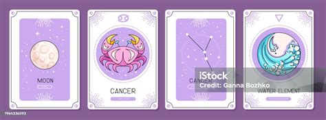 점성술 암 조디악 표지판 특성을 가진 만화 마술 요술 카드의 세트 벡터 일러스트 레이 션 갈고리 발톱에 대한 스톡 벡터 아트 및 기타 이미지 갈고리 발톱 게 게자리