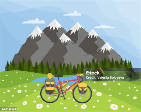 카모마일 초원과 산 텐트가 배경에 있는 자연 경관 배낭과 가방 자전거로 여행의 개념 자전거 포장 야외 활동 벡터 일러스트레이션플랫 만화에 대한 스톡 벡터 아트 및 기타