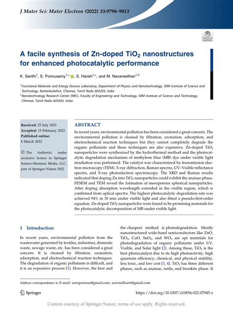 A Facile Synthesis Of Zn Doped Tio2 Nanostructures For Enhanced Photocatalytic Performance