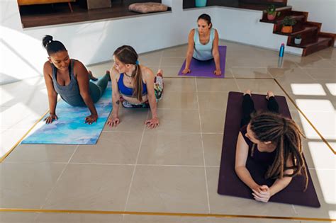 요가 강사를 관찰하는 활동적인 여성 그룹 그녀는 하향 을 향한 개 요가 포즈를 수행하는 방법을 보여 주면서 25 29세에 대한 스톡 사진 및 기타 이미지 Istock