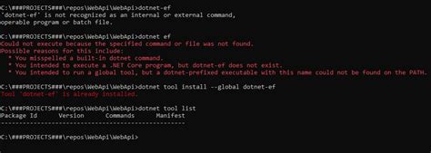 C Dotnet Ef Command Isnt Working Installed But Not Showing Stack