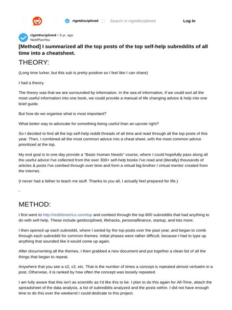 Method I Summarized All The Top Posts Of The Top Self Help Subreddits Of All Time Into A