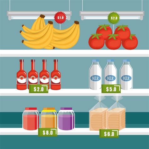 Supermercado Comestibles En Estanterías Vector Premium