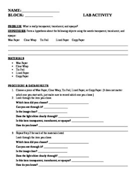 Translucent Transparent And Opaque Lab Activity By Jessica Derise