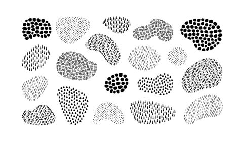 추상적인 모양 스프레이 수집 벡터 흑백 그림 세트입니다 흰색 배경에 격리된 다양한 점 선 및 트링글 모양의 원형 스플래시 배너 프레임 배경 디자인 물방울무늬에 대한 스톡