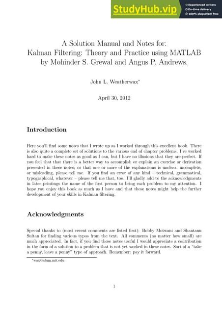 A Solution Manual And Notes For Kalman Filtering Theory And Practice Using Matlab Pdf