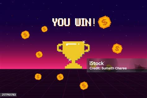 You Win이라는 텍스트와 분홍색 배경에 큰 황금 컵과 금화가 있는 8비트 픽셀 아트 레트로 게임 벡터 일러스트레이션의 게임 자산용 개념에 대한 스톡 벡터 아트 및 기타