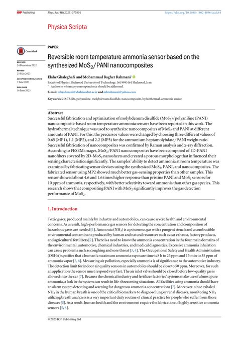 Pdf Reversible Room Temperature Ammonia Sensor Based On The