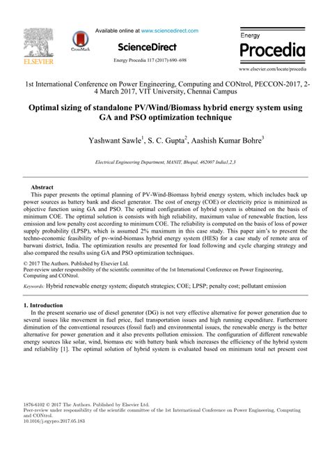 PDF Optimal Sizing Of Standalone PV Wind Biomass Hybrid Energy System Using GA And PSO