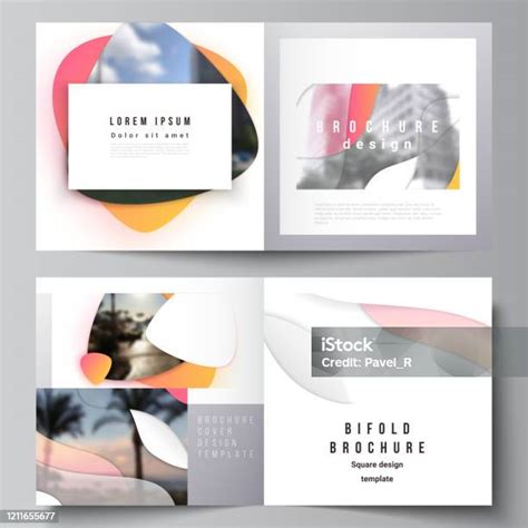 정사각형 디자인 Bifold 브로셔 잡지 전단지 소책자를위한 두 개의 표지 템플릿의 벡터 일러스트 레이아웃 노란색 색상 그라데이션 추상 동적 모양 화려한 기하학적 템플릿