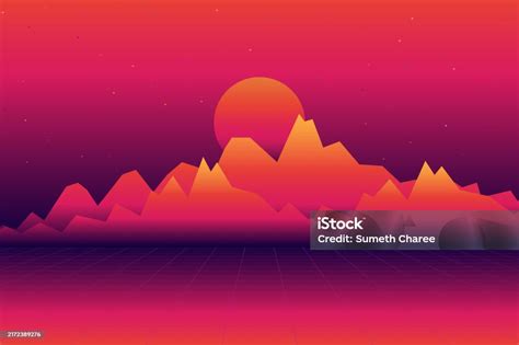 복고풍 배경 미래 풍경 1980 년대 스타일 디지털 복고풍 풍경 사이버 표면 레트로 음악 앨범 표지 템플릿 태양 공간 산 레트로 공상 과학 배경 3차원 형태에 대한 스톡