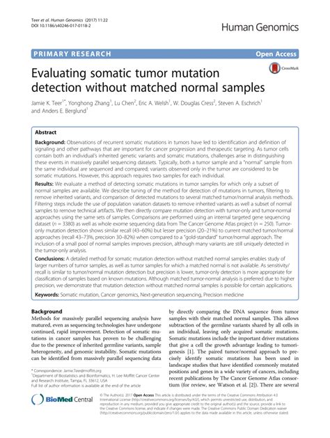 Pdf Evaluating Somatic Tumor Mutation Detection Without Matched Normal Samples