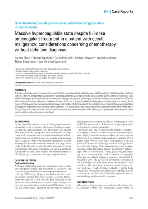 Pdf Massive Hypercoagulable State Despite Full Dose Anticoagulant Treatment In A Patient With