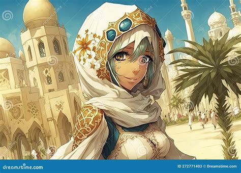 Beautiful Anime Manga Girl In Dubai Arabic Dressed Illustration