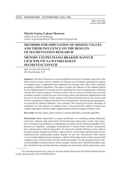 PDF Methods For Imputation Of Missing Values And Their Influence On
