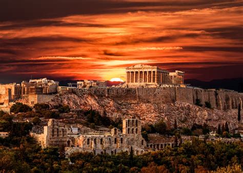 Parthenon Acropolis Of Athens Under Dramatic Sunset Sky Of Greece