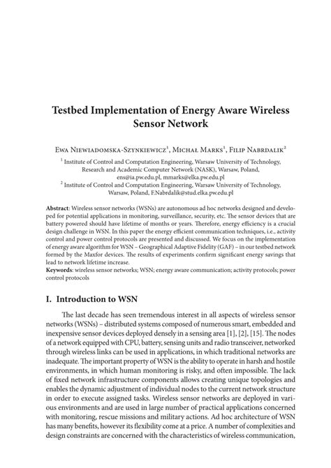 Pdf Testbed Implementation Of Energy Aware Wireless Sensor Network