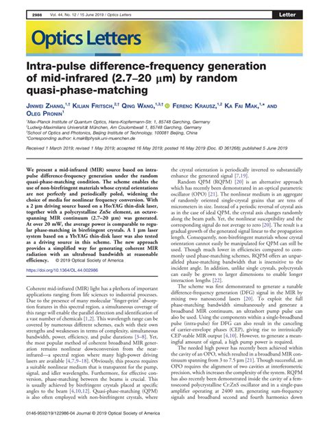 Pdf Intra Pulse Difference Frequency Generation Of Mid Infrared 2 7 20 μm By Random Quasi