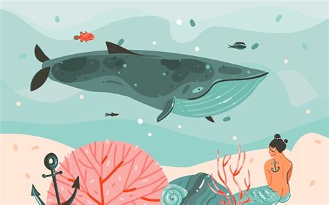 손으로 그린 벡터 추상 만화 여름 시간 그래픽 일러스트 아트 템플릿 배경 수 중 푸른 파도 고래 아름다움 인 어 소녀 바다의