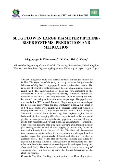 Pdf Slug Flow In Large Diameter Pipeline Riser Systems Prediction And Mitigation