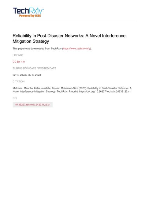 Pdf Reliability In Post Disaster Networks A Novel Interference Mitigation Strategy