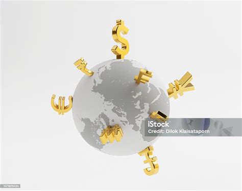 주요 국제 황금 통화 기호와 함께 흰색 세계의 격리는 Ud 달러 유로 파운드 스털링 엔 위안 원 루블 환율 Nasa 및 3d 렌더링에서이 이미지의 요소를 포함합니다 환전소에