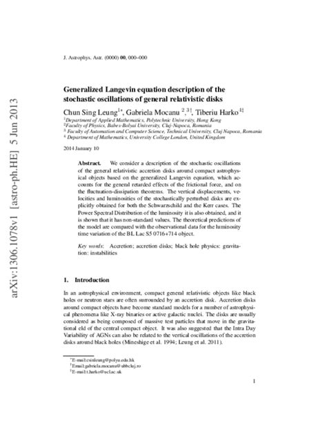 Pdf Generalized Langevin Equation Description Of Stochastic