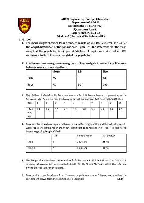 Question Bank Maths Iv Module 5 Abes Engineering College Ghaziabad