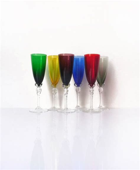 Set Of 6 Champagne Flutes Colored Glassware Colored Glasses Etsy Colored Glassware