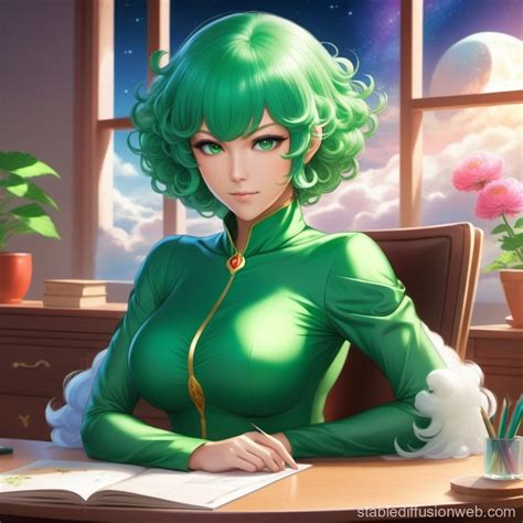 Tatsumaki From One Punch Man Sitting On A Desk Prompts Stable Diffusion Online