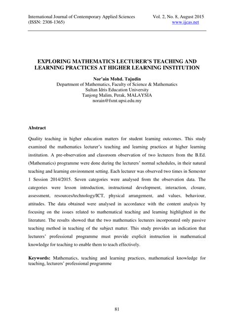 Pdf Exploring Mathematics Lecturers Teaching And Learning Practices