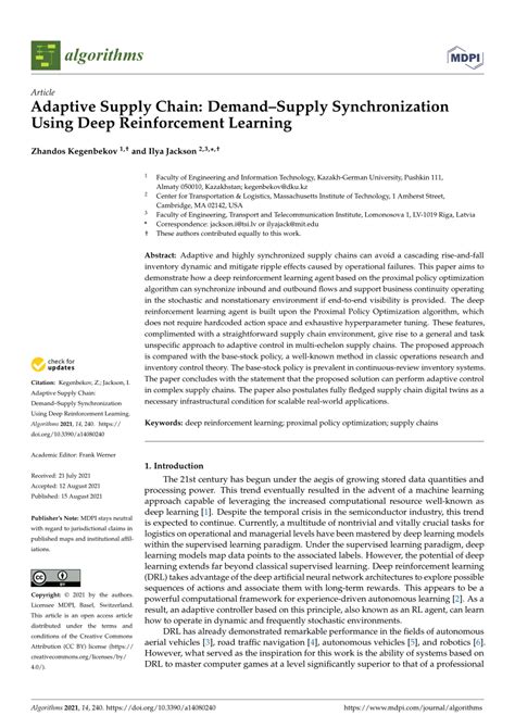 Pdf Adaptive Supply Chain Demandsupply Synchronization Using Deep Reinforcement Learning