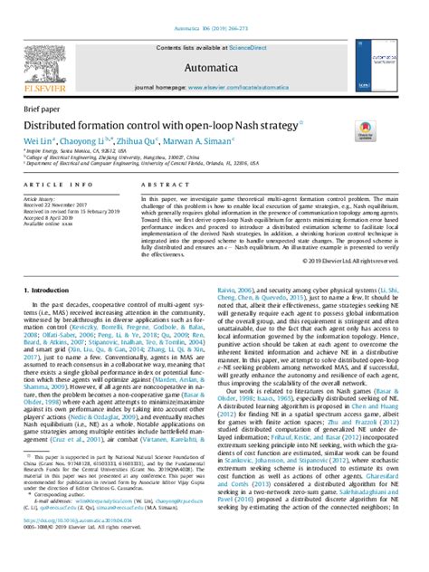 Pdf Distributed Formation Control With Open Loop Nash Strategy