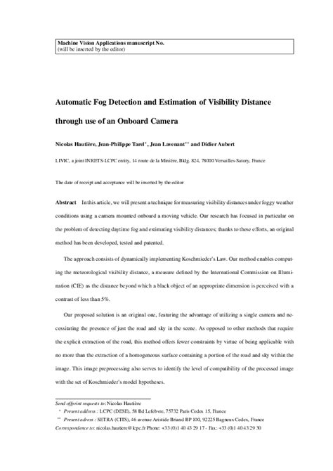 Pdf Automatic Fog Detection And Estimation Of Visibility Distance Through Use Of An Onboard Camera