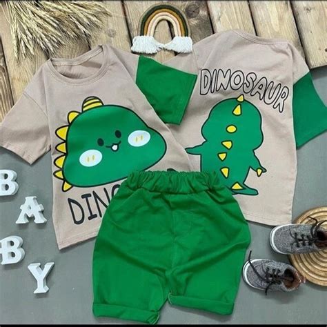 خرید و قیمت ست بچگانه لباس دایناسور خواهربرادری تیشرت شلوارک پسرانه